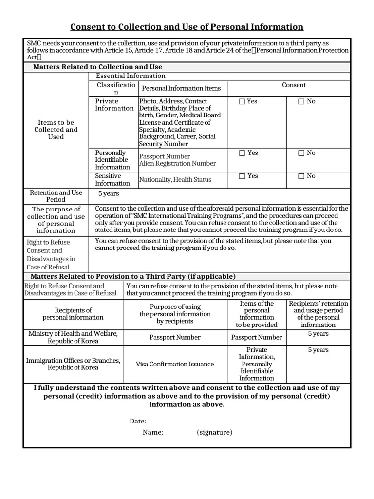 Consent To Collection and Use of Personal Information (ITO, SMC ...