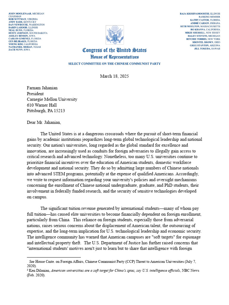 3.18.2025 - Letter To Carnegie Mellon - SCC | PDF | China | World Politics