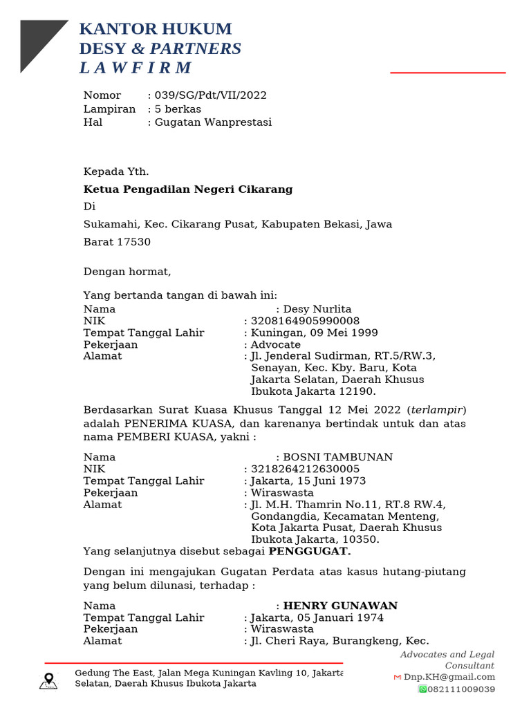 Surat Gugatan Desy Nurlita | PDF