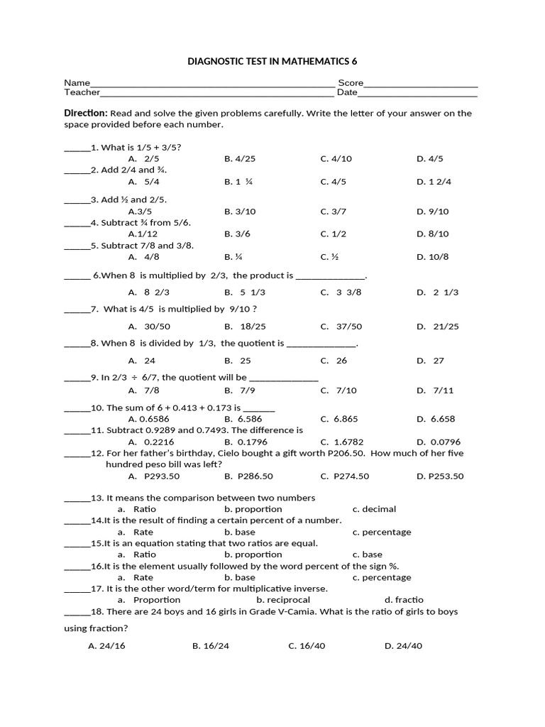 Diagnostic Test in Math 6 | PDF | Triangle | Ratio
