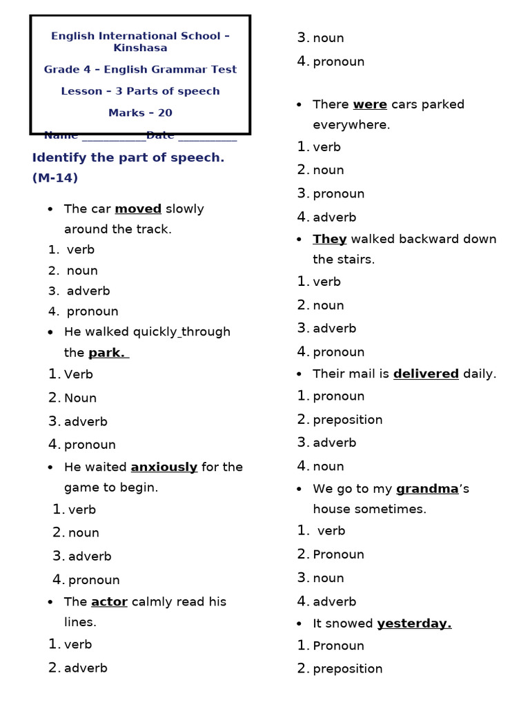 Garde 4 English Grammar Lesson 3 Parts of Speech | PDF | Adverb | Part ...