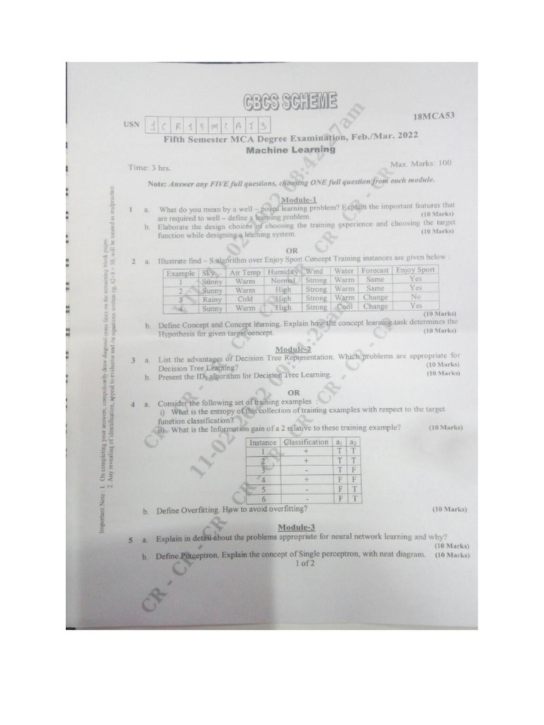 VTU Exam Question Paper With Solution of 18MCA53 Machine Learning Feb ...