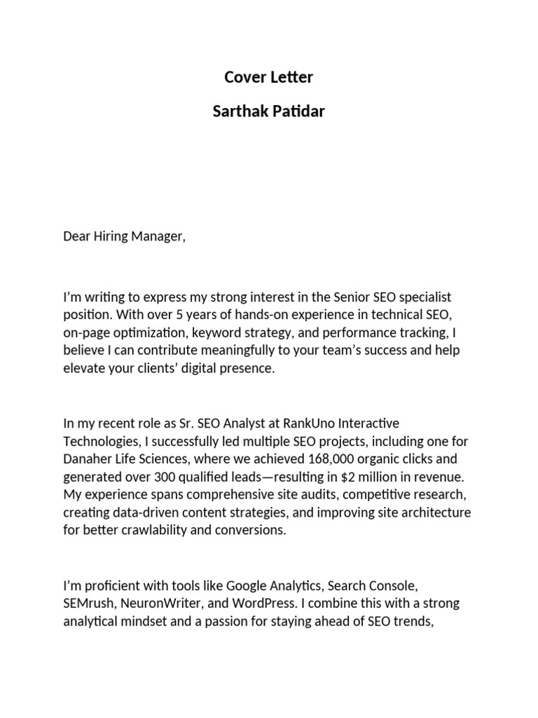 Cover Letter - Sarthak | PDF