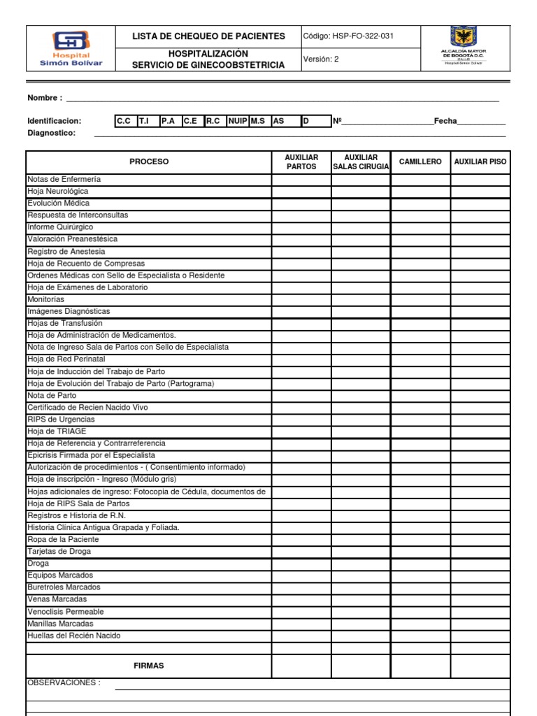 HSP-FO-322-031 Lista de Chequeo de Pacientes | PDF