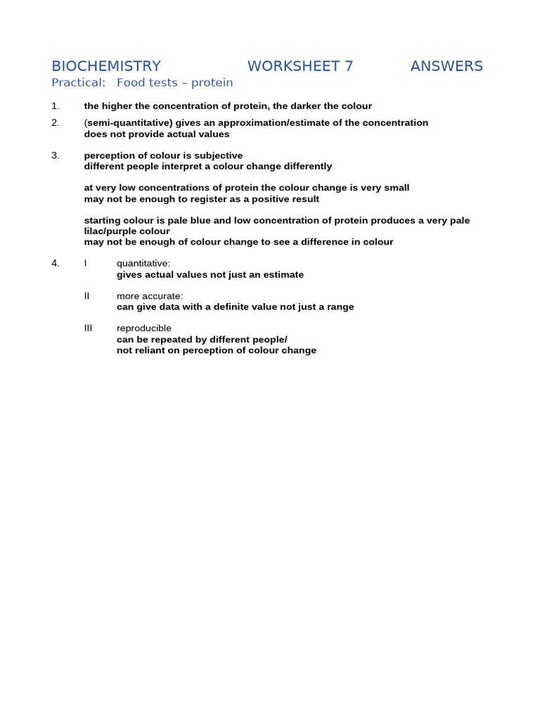 Biochemistry Worksheet 7 Answers | PDF