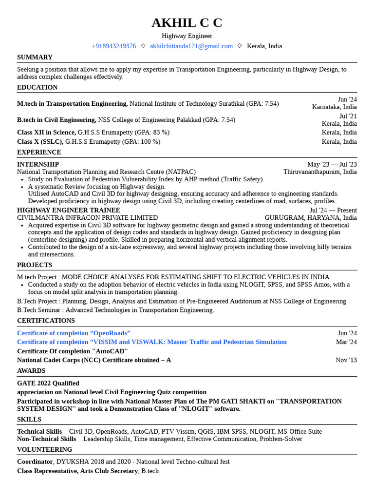 Akhil C C - CV - NIT Surathkal (Mtech) | PDF | Highway | Transport