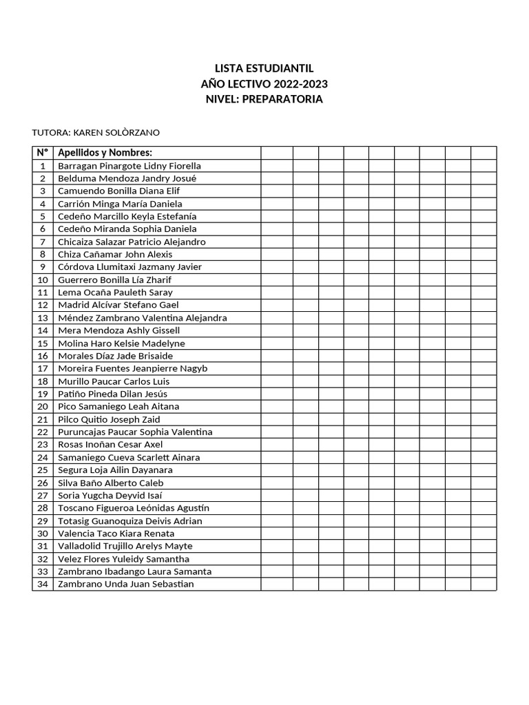 Lista Estudiantil Primer Año de Básica | PDF