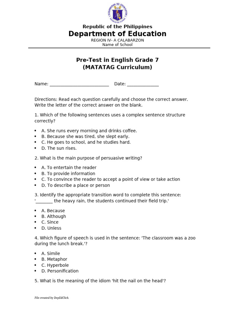 Grade 7 English Diagnostic Test | PDF | Metaphor