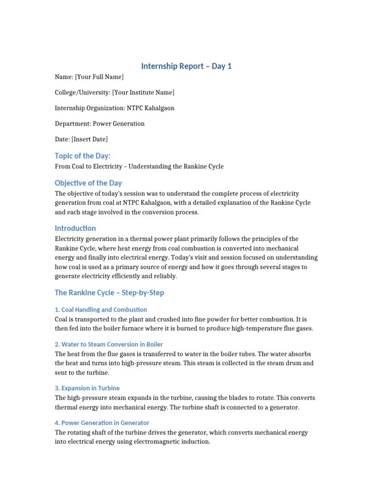 Internship Report Day1 Coal To Electricity Rankine Cycle | PDF | Boiler | Steam