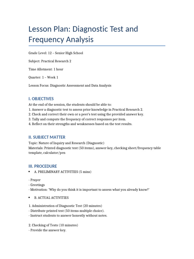 Diagnostic Test Lesson Plan | PDF