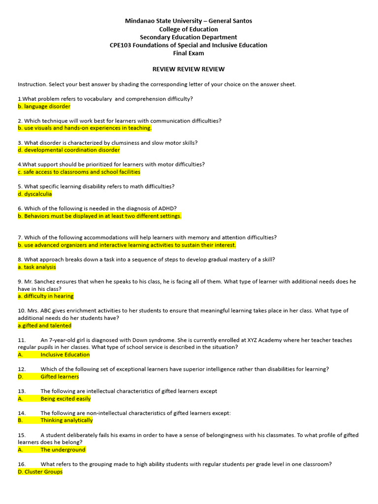 REVIEW REVIEW REVIEW CPE103 2024 Final Exam | PDF | Learning Disability | Attention Deficit ...