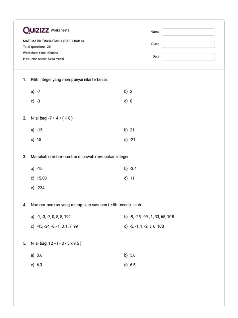 Matematik Tingkatan 1 - (Bab 1-Bab 4) - Quizizz | PDF