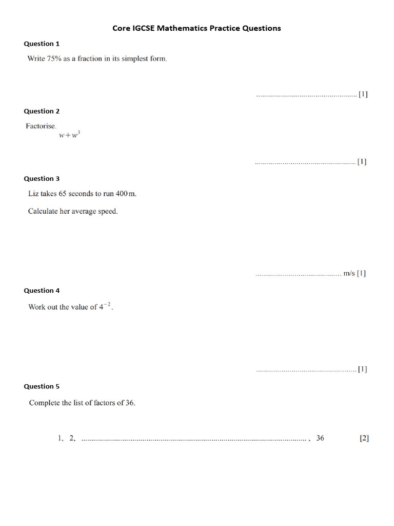 Core IGCSE Maths Practice Questions | PDF