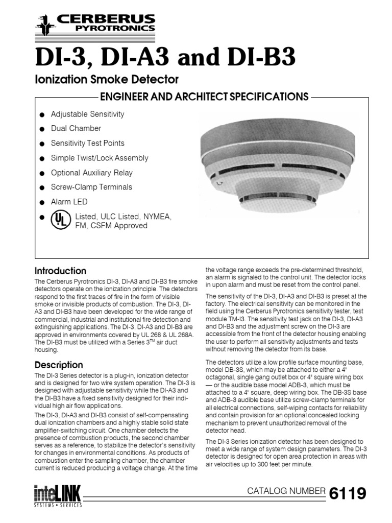 Cerberus Pyrotronics DI-3 Smoke & Heat Detector BA IT Container | PDF ...