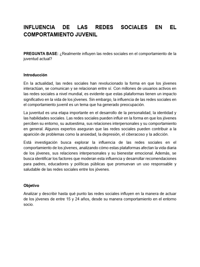 Influencia de Las Redes Sociales en El Comportamiento Juvenil | PDF ...
