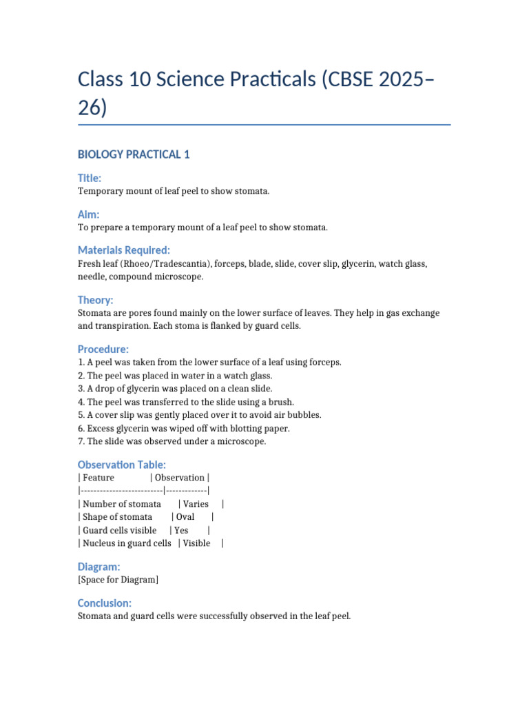 Class 10 CBSE Biology Practicals 2025-26 | PDF | Seed | Stoma