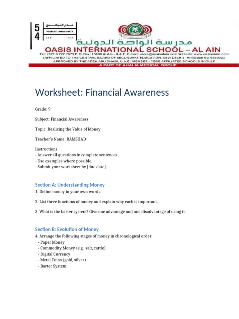 Financial Awareness Grade9 Worksheet With AnswerKey | PDF | Money | Medium Of Exchange