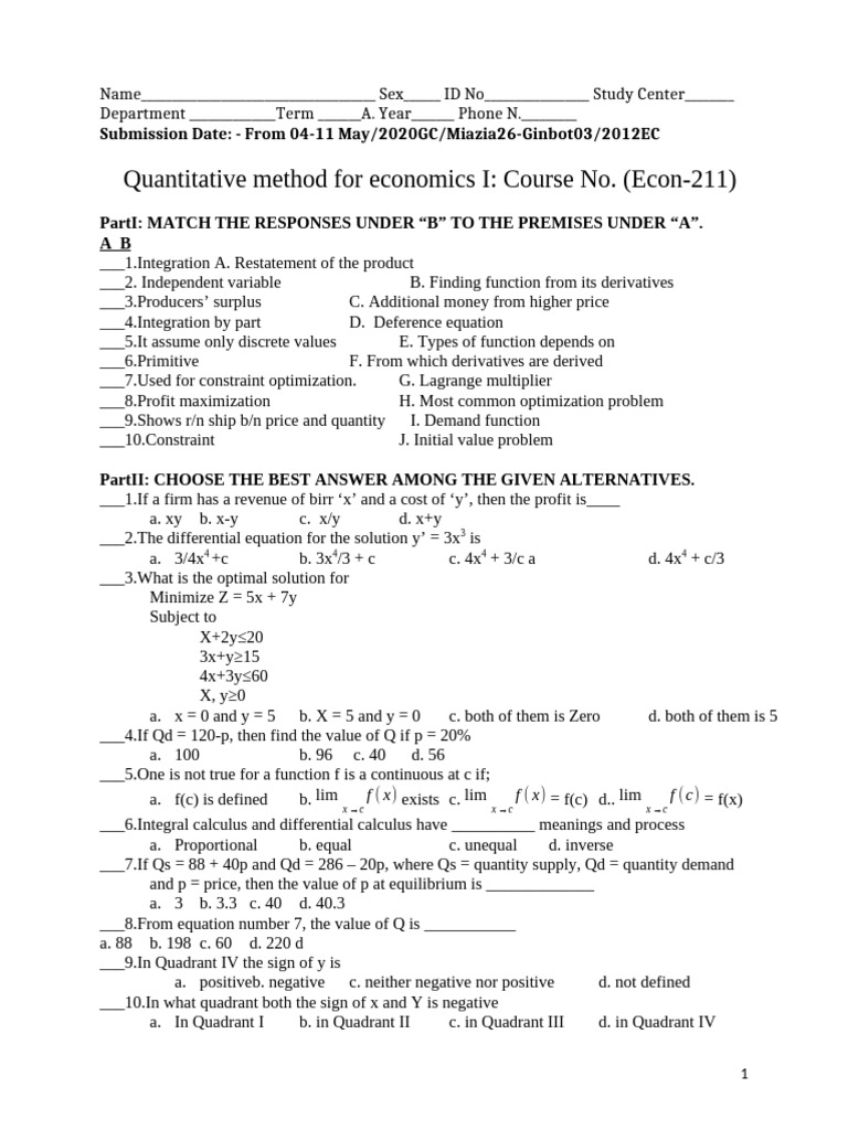 Quantitative Method For Economics I June 2020 | PDF | Function ...