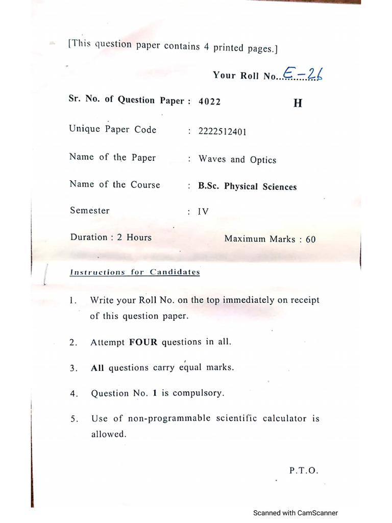Waves and Optics Paper May 2024 | PDF