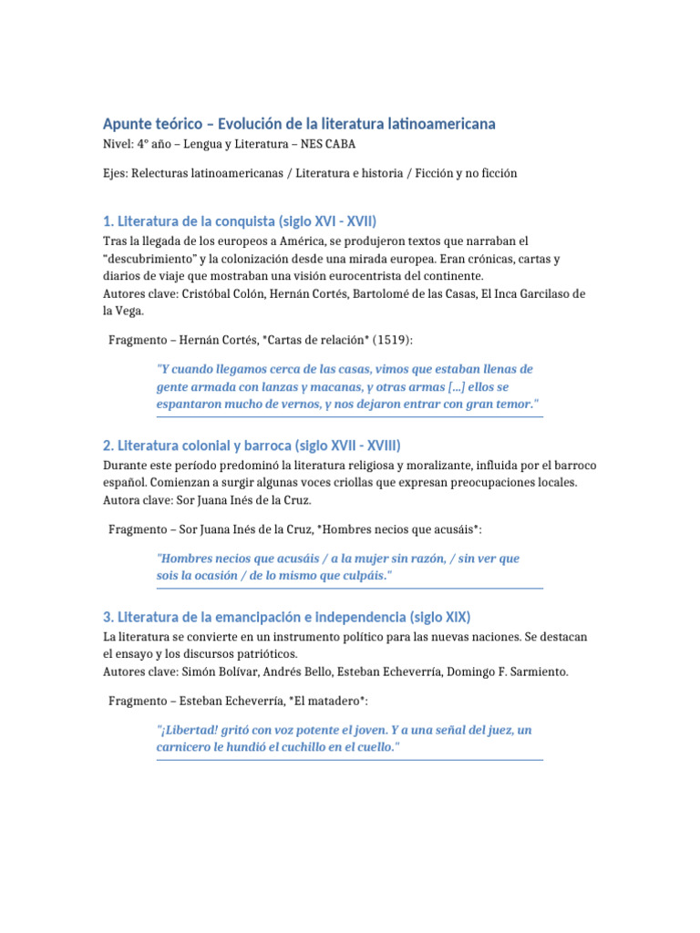 Apunte Literatura Latinoamericana Cuarto Año NES | PDF | Cuentos | Literatura latinoamericana
