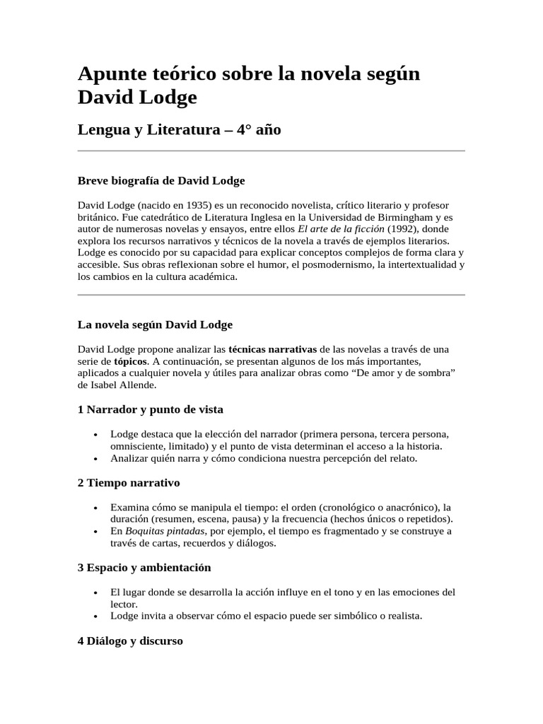 Apunte Teórico Sobre La Novela Según David Lodge | PDF | Novelas | Narración