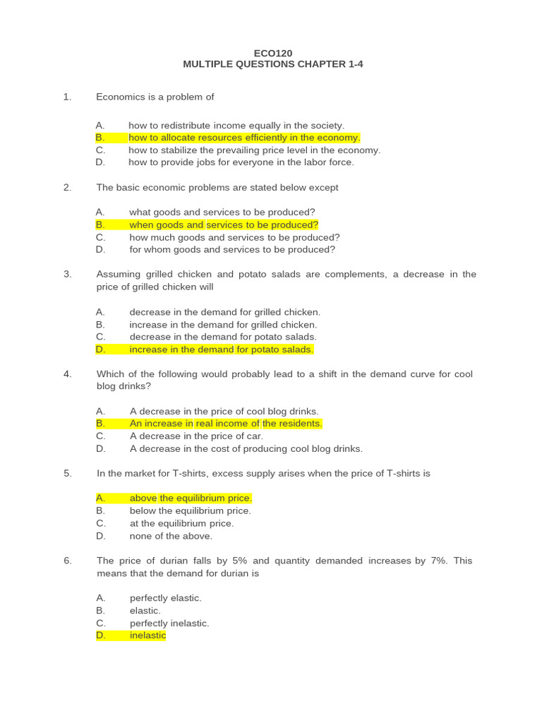 Economics Multiple Choice Questions 1-4 | PDF | Demand | Elasticity ...