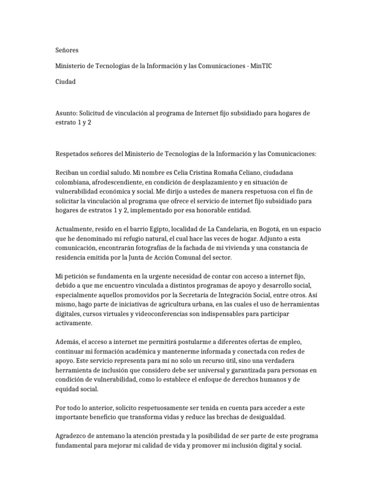 Solicitud Internet Subsidiado Celia Romana | PDF