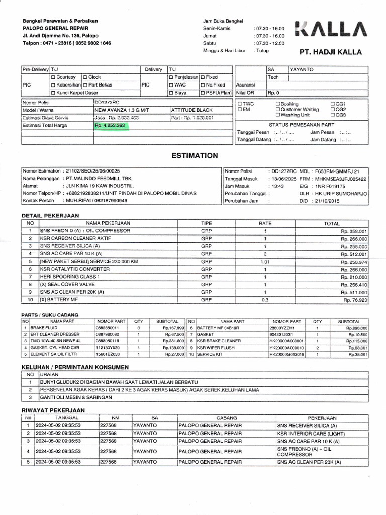 Nota Bengkel Perwatan & Perbaikan Kalla Toyota An Muh. Rifai | PDF