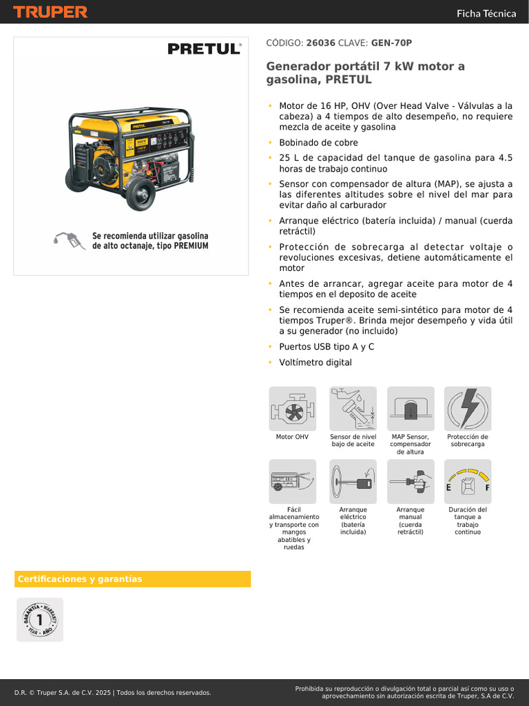 Ficha Tecnica Planta Pretul 8000 | PDF | Generador eléctrico | Tanques