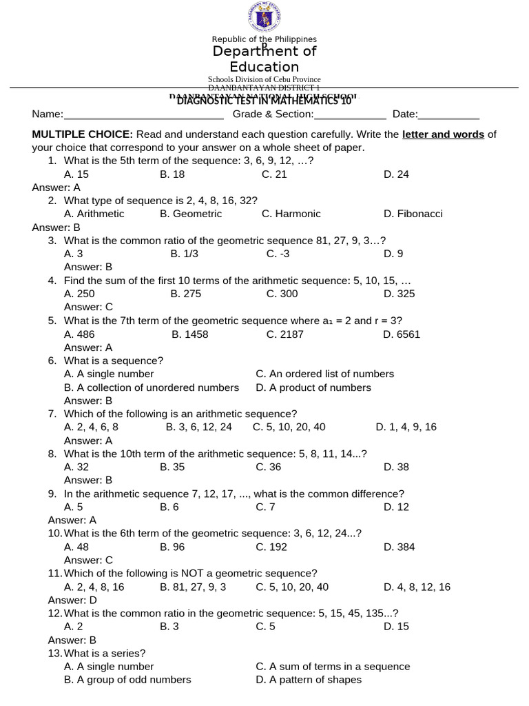 Diagnostic Test in Math 10 | PDF | Elementary Mathematics | Arithmetic