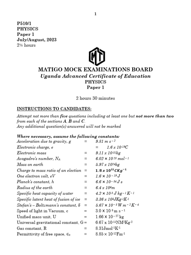 Matigo Mocks Phy1 Uace 2023 | PDF | Thermocouple | Force