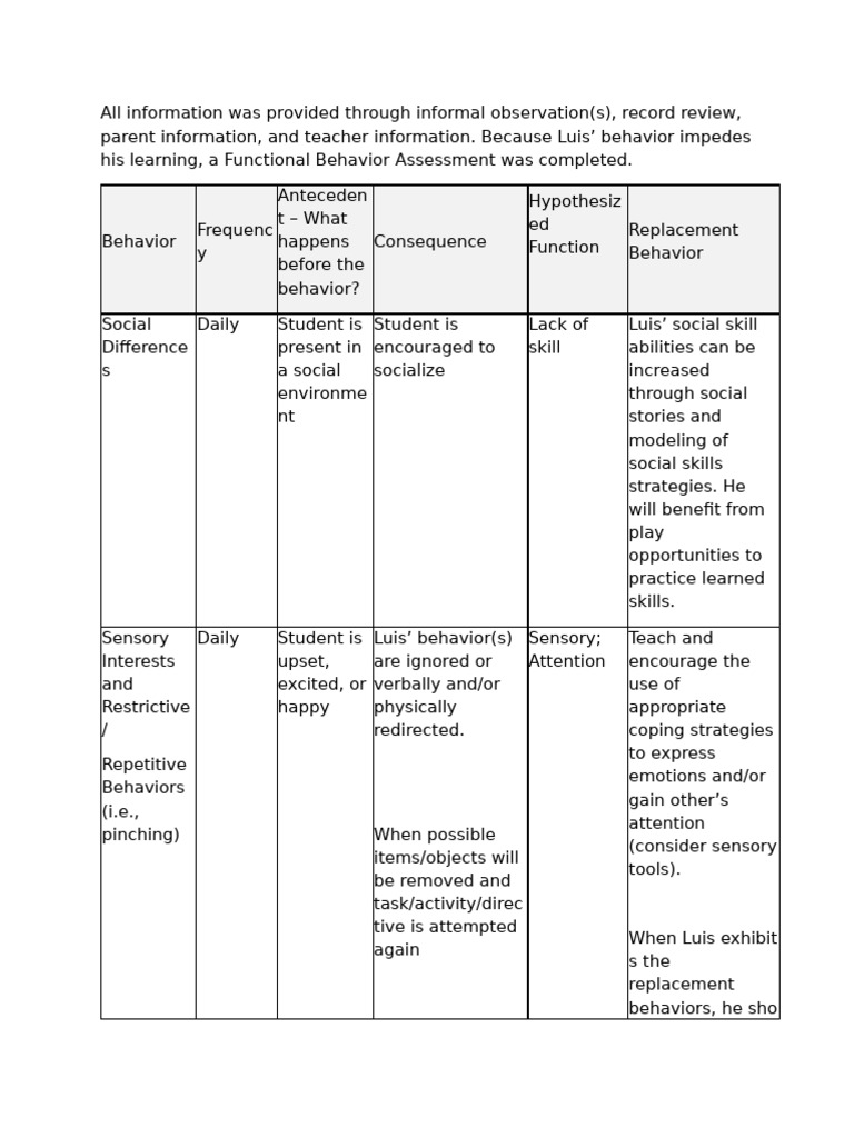 Functional Behavior Assessment for Luis | PDF | Attention | Social ...