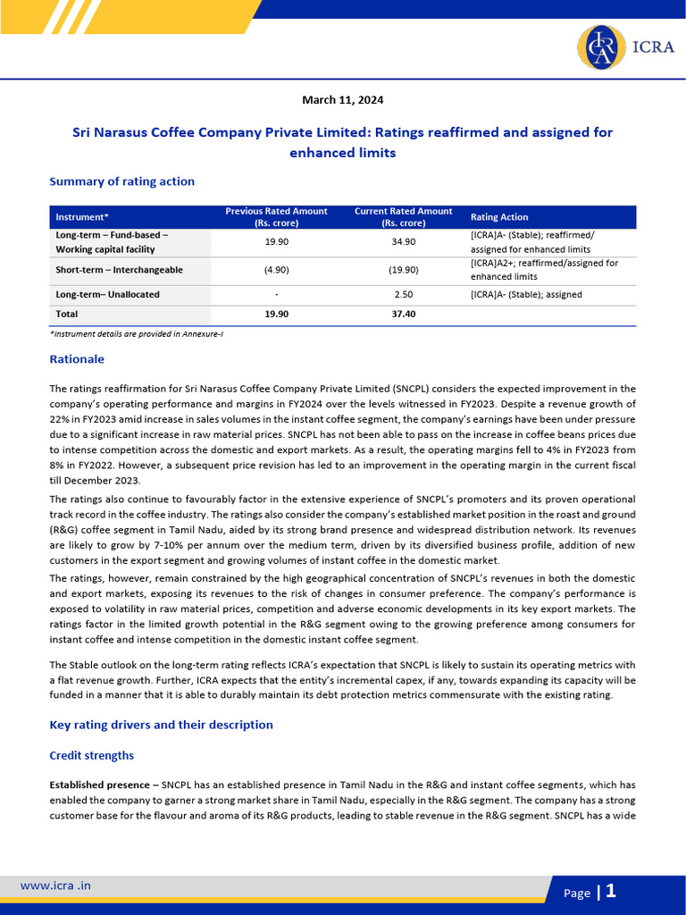 Sri Narasus Coffee Company Private Limited | PDF | Coffee | Credit ...