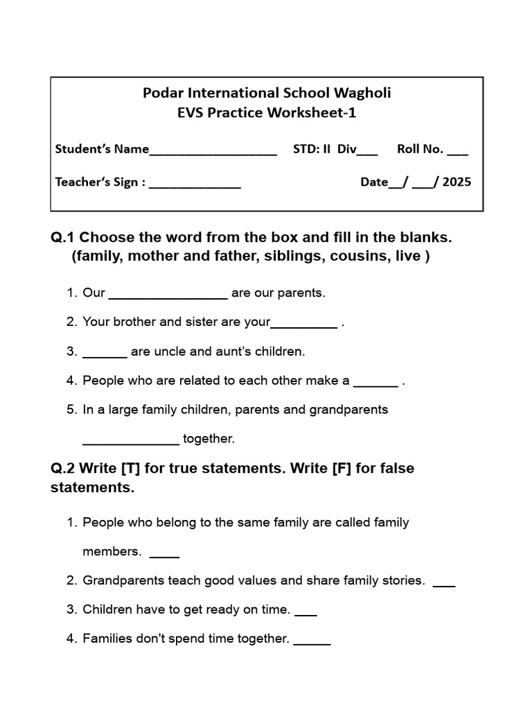 EVS Worksheet for Grade II Students | PDF