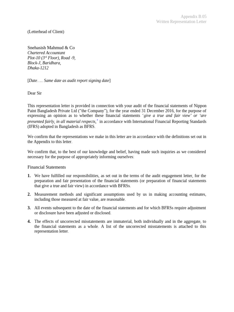 Nippon Management Representation Letter | PDF | Going Concern ...