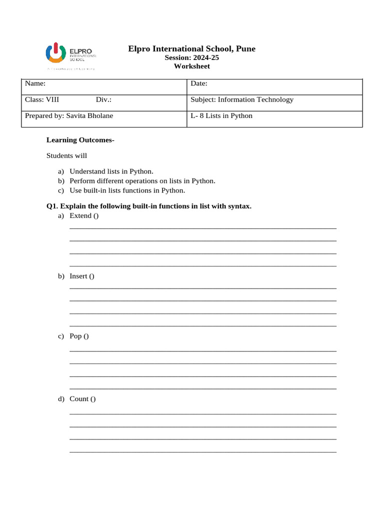 WS VIII IT June Lists in Python 2024-25 | PDF