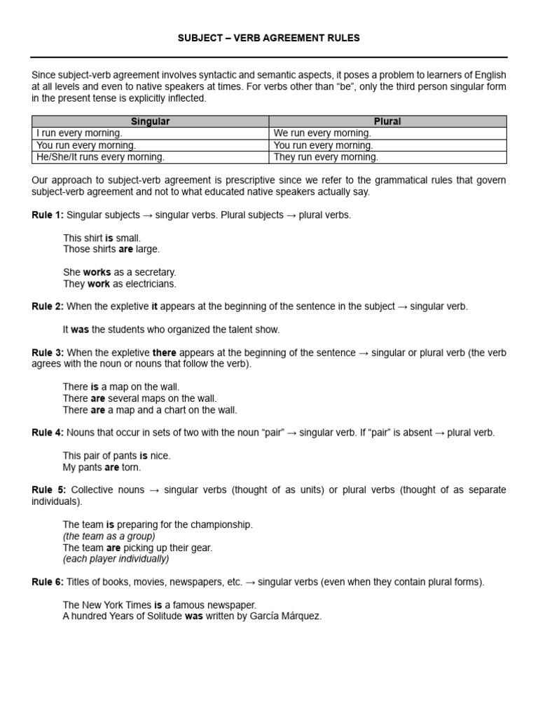 Subject-Verb Agreement Rules | PDF | Grammatical Number | Plural