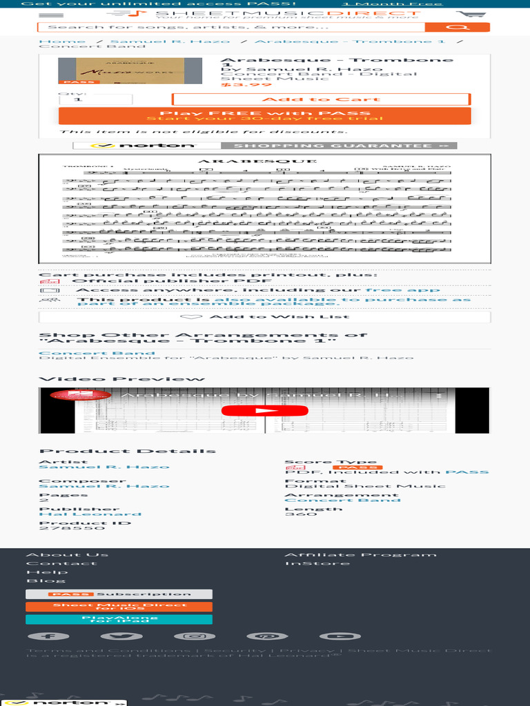 Arabesque - Trombone 1 Sheet Music Samuel R. Hazo Concert Band | PDF