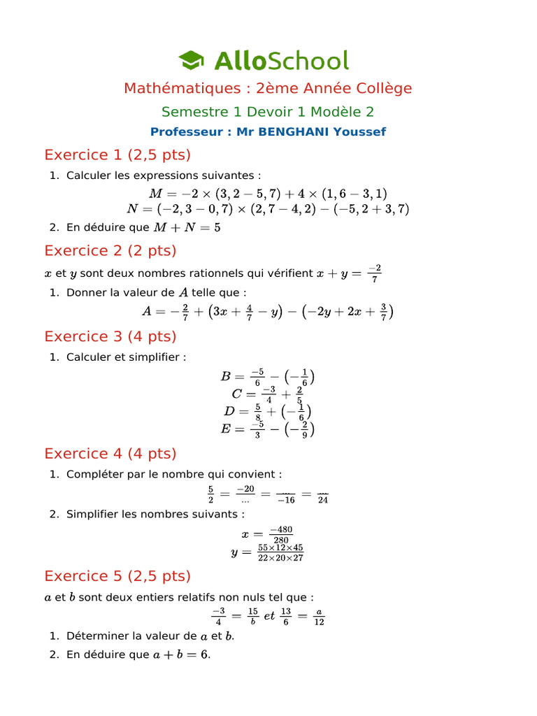 Devoir de Maths 2ème Année Collège S1 | PDF