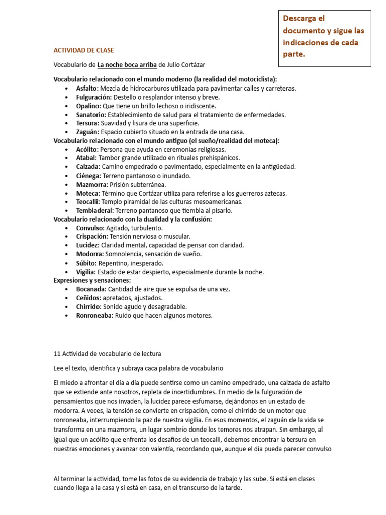 11 Vocabulario de La Noche Boca Arriba de Julio Cortázar | PDF