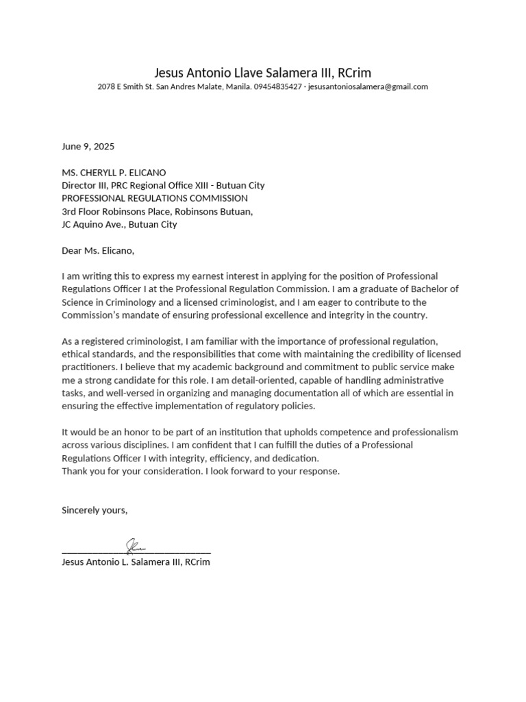 Application Letter PRC | PDF