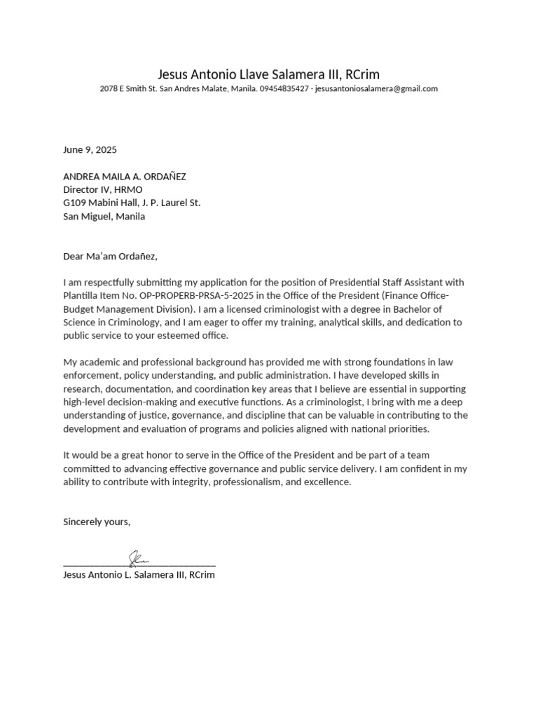 Application Letter Office of The President | PDF