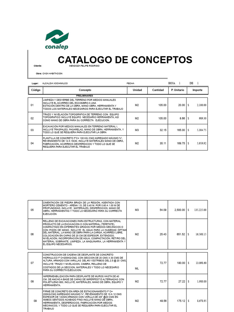 Catalogo de Conceptos de Casa Habitacion Profesor Oscar | PDF | Hormigón | Construyendo tecnología