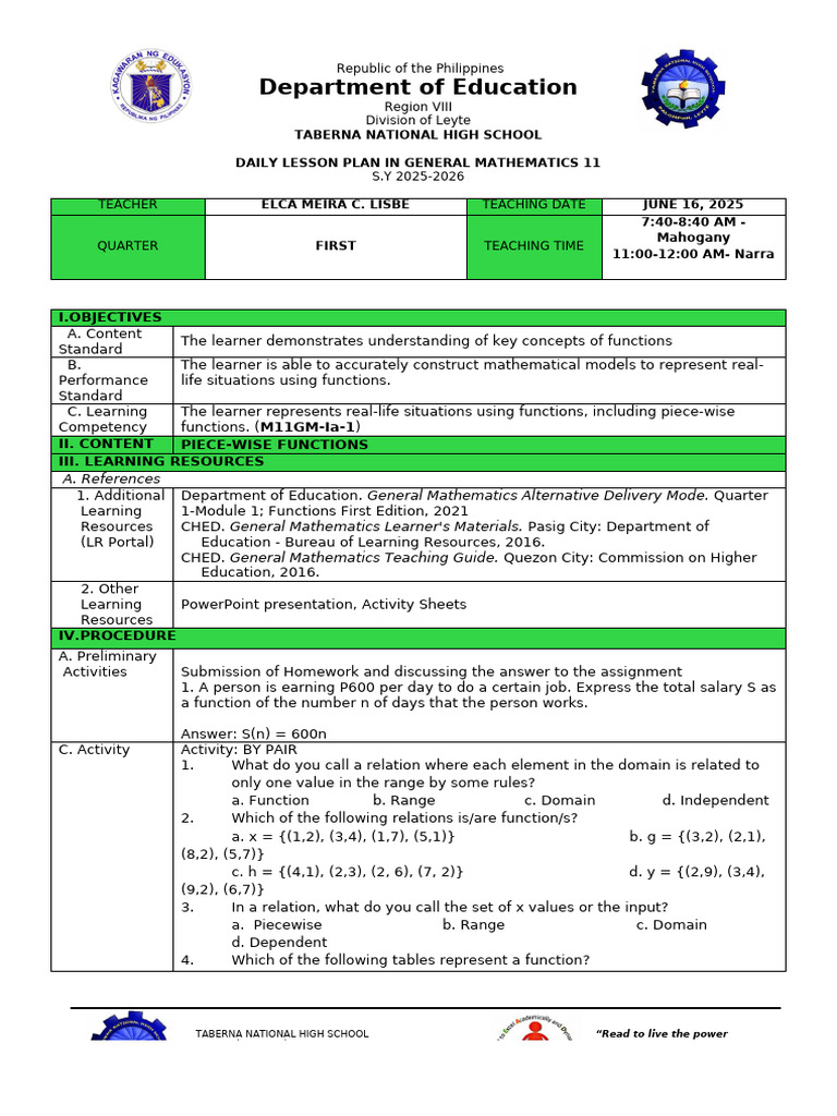 Lesson 1 - General Mathematics Functions | PDF | Function (Mathematics) | Mathematics