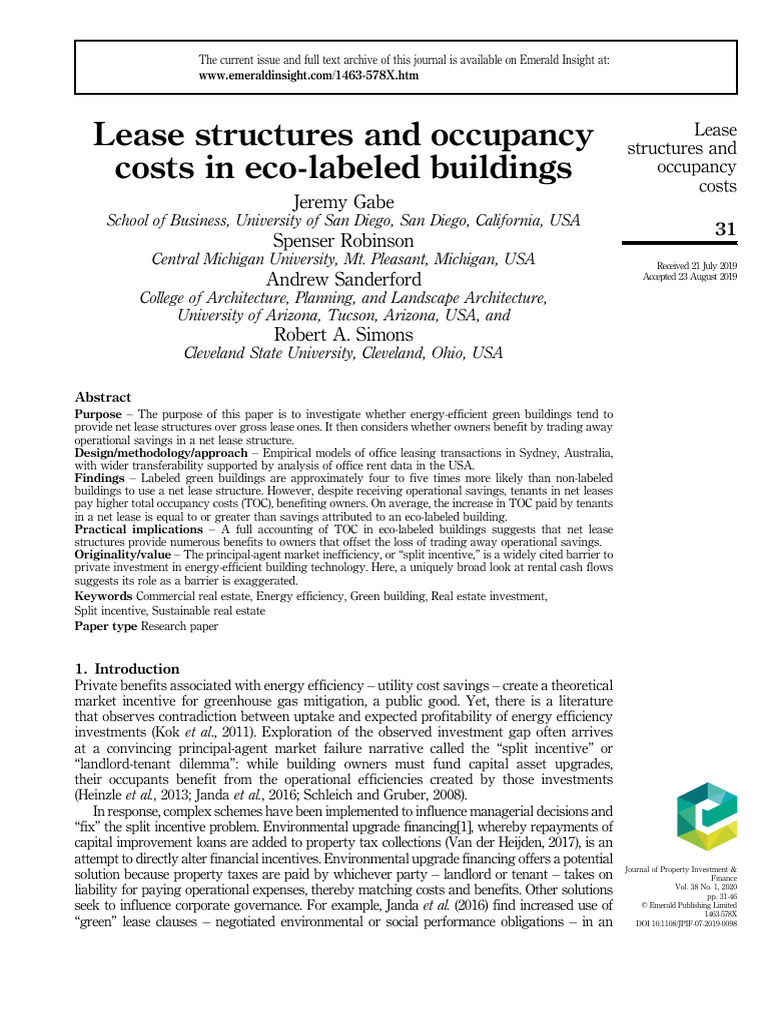 Lease Structures and Occupancy Costs in Ecolabled Buildngs | PDF ...
