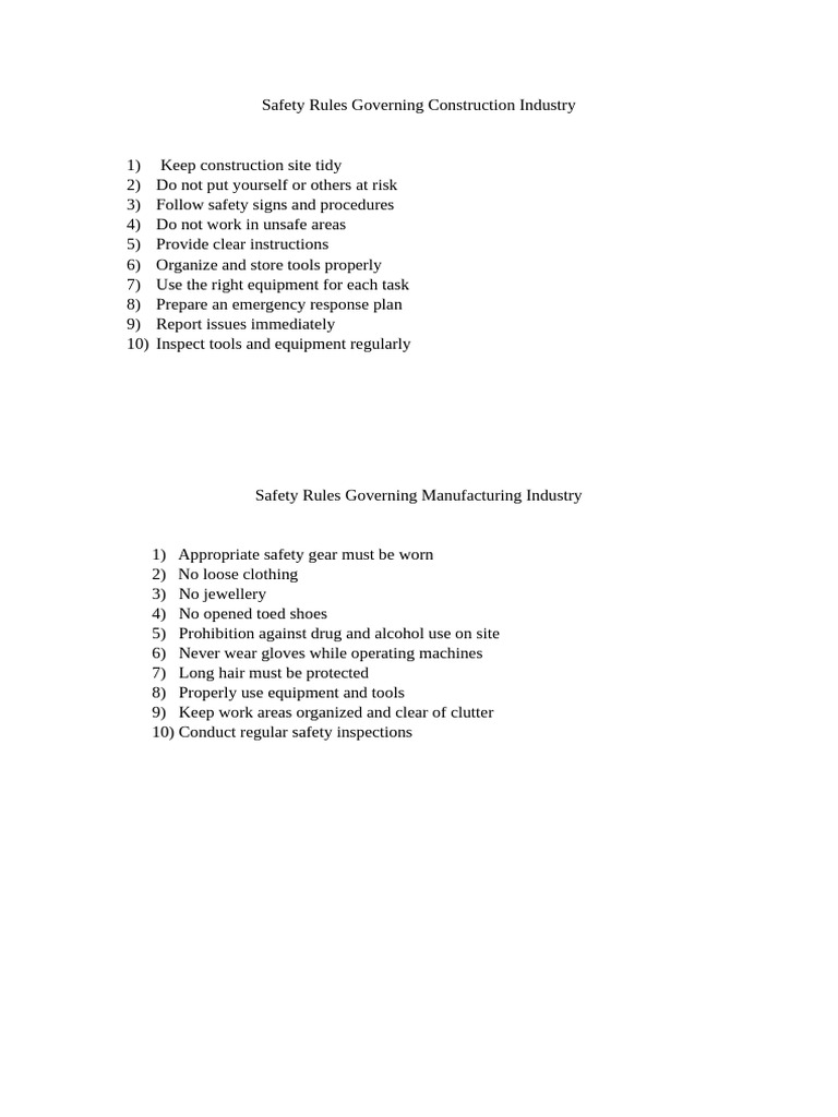 Safety Rules Governing Construction and Manufacturing Industry | PDF