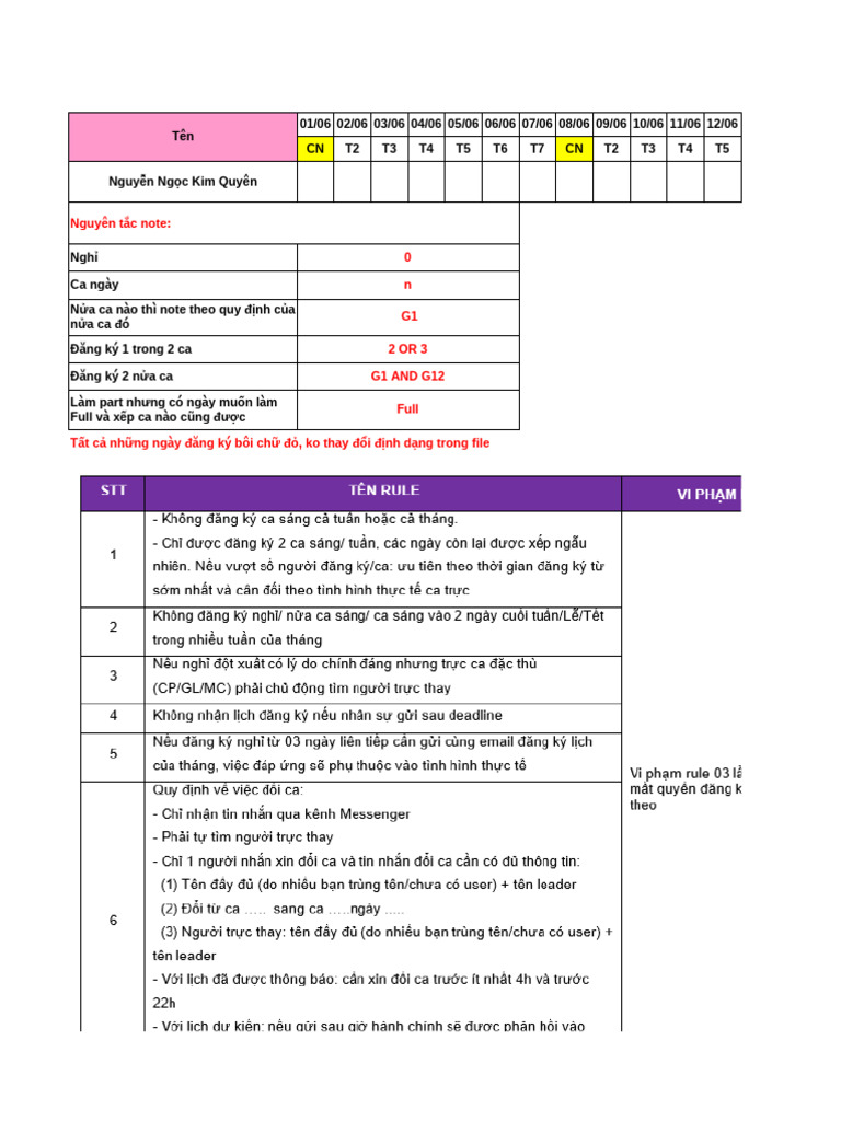 Đăng Kí Lịch Trực T06.2025 | PDF