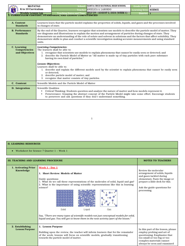 LESSON PLAN MATATAG - SCIENCE 7 - Q1 - Week 1 | PDF | Conceptual Model ...