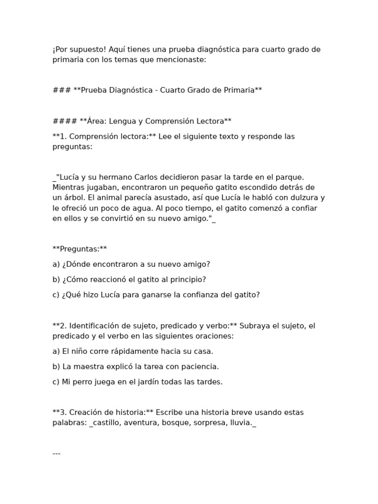 Prueba Diagnóstica Cuarto Grado | PDF