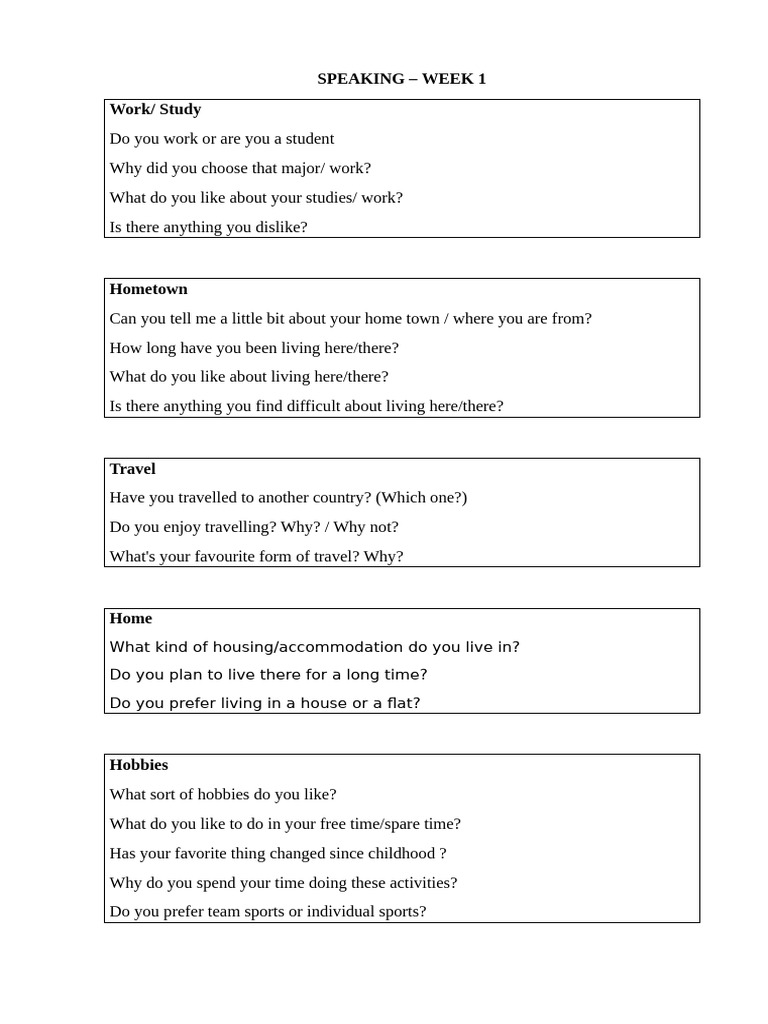 Speaking Topics for Week 1 | PDF